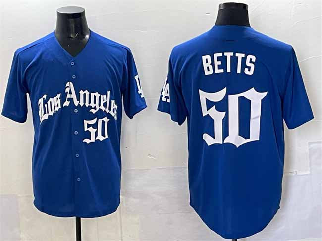 Los Angeles Dodgers #50 Mookie Betts Blue 2025 LA Gothic Style With Fe ...