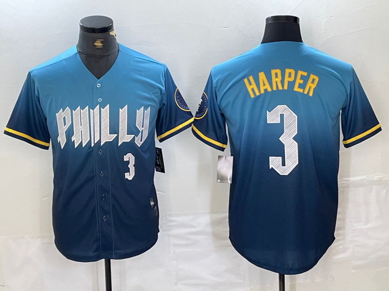 Philadelphia Phillies #3 Bryce Harper Number Blue 2024 City Connect Li ...